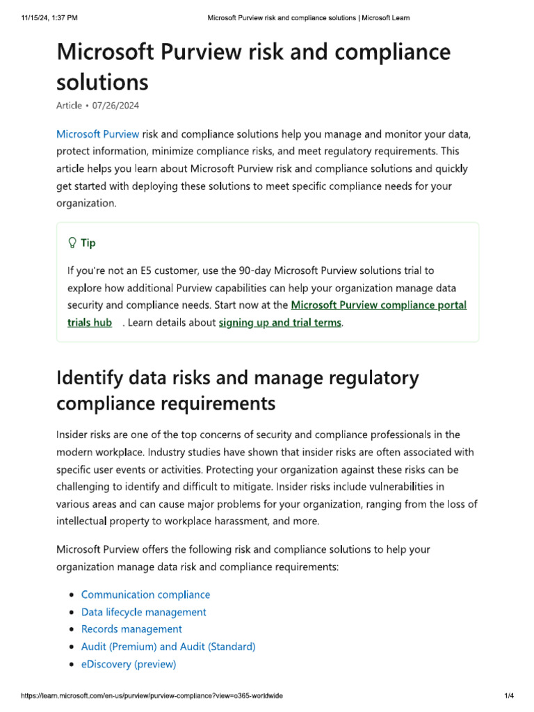 Microsoft Purview Risk and Compliance Solutions | PDF