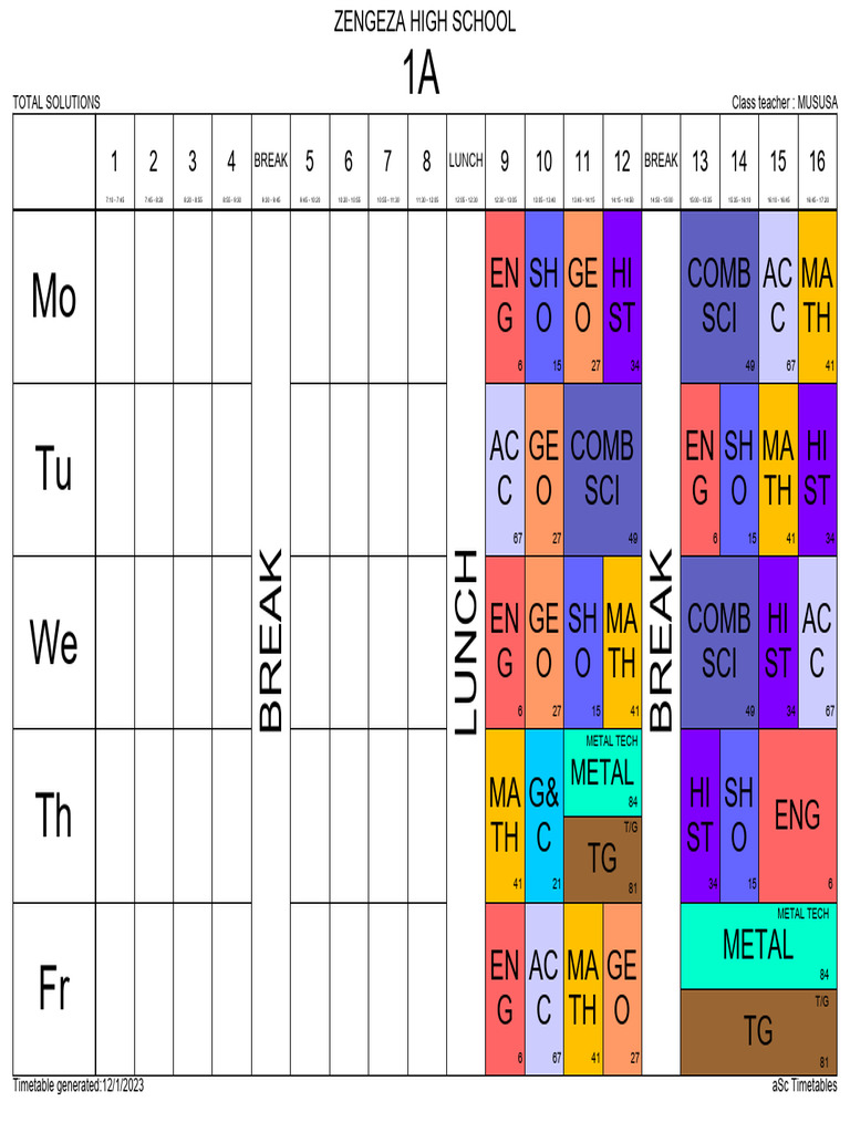 2023 Time Table ZH1 Classes | PDF