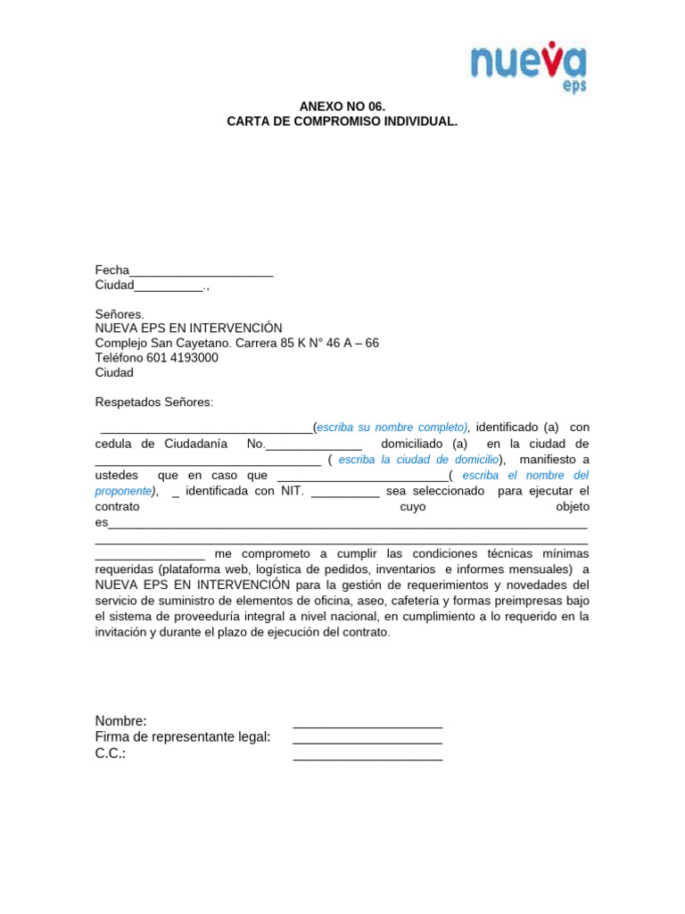 Anexo No. 06 Carta Compromiso Individual | PDF | Finanzas y dinero