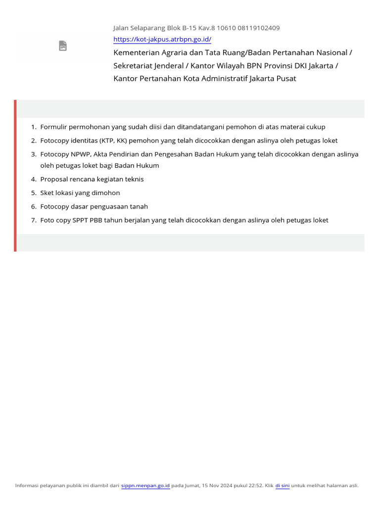 Contoh Pertek BPN Jakarta Pusat | PDF