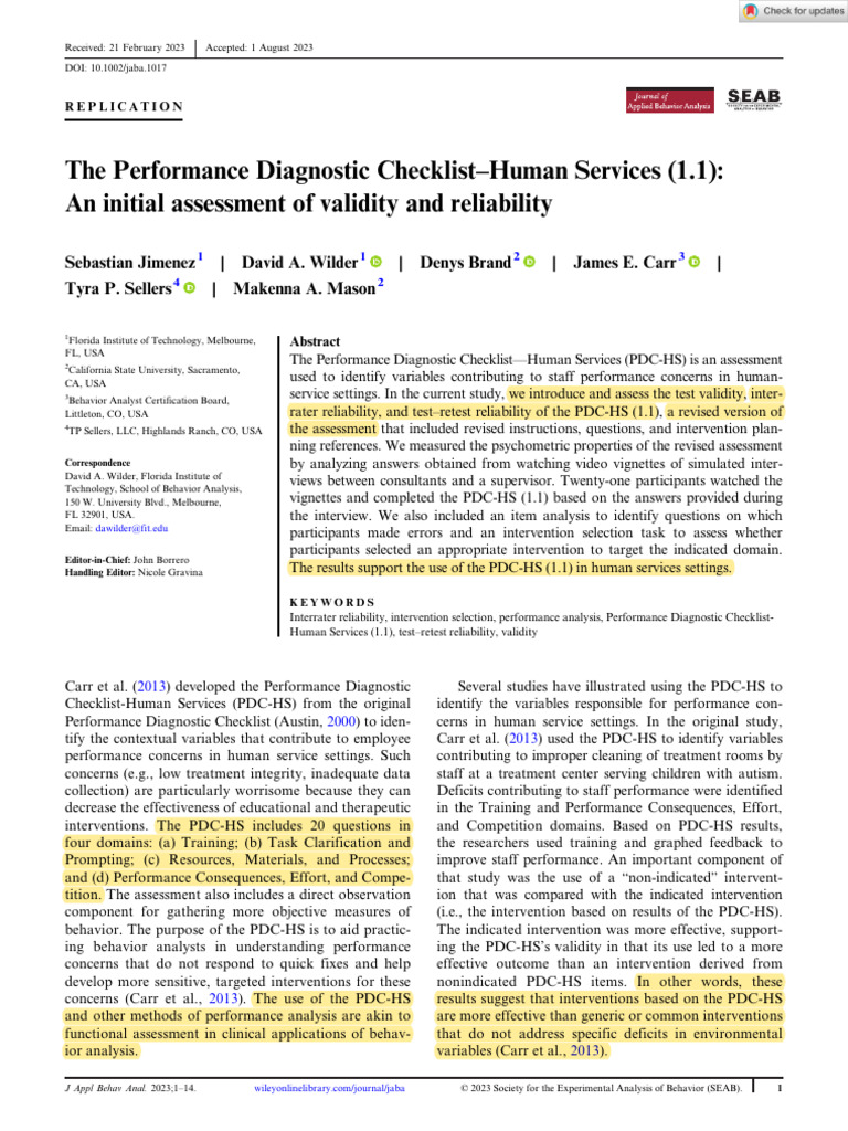 J Of App Behav Analysis 2023 Jimenez Pdf Validity Statistics Psychometrics