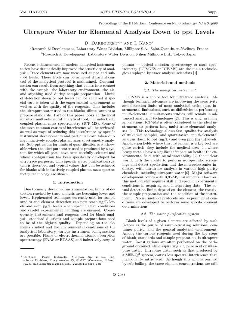 Ultrapure Water For Elemental Analy | PDF | Purified Water | Mass ...