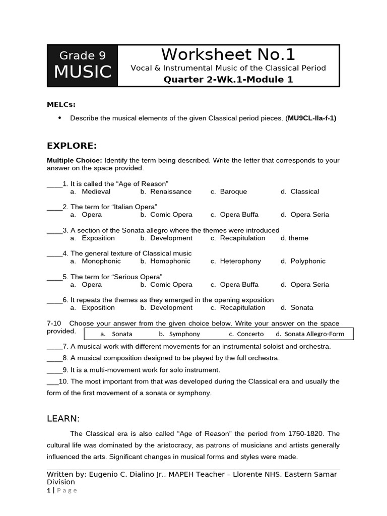 Q2-WK1-Worksheet1-MUSIC | PDF | Classical Period (Music) | Opera