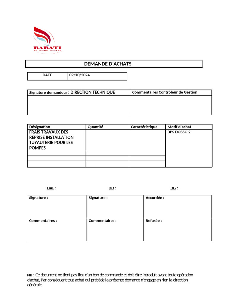 Demande d'Achats : Modèle et Exemples | PDF