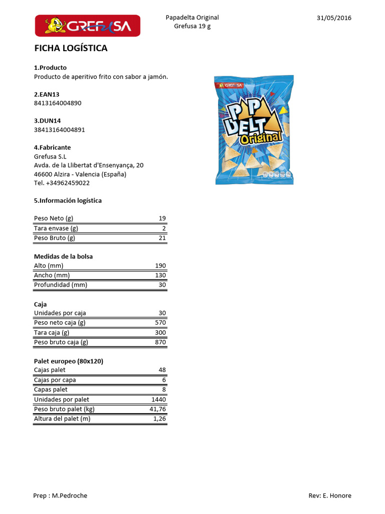 Ficha Técnica Papadelta Grefusa | PDF | Patata | Energía alimentaria