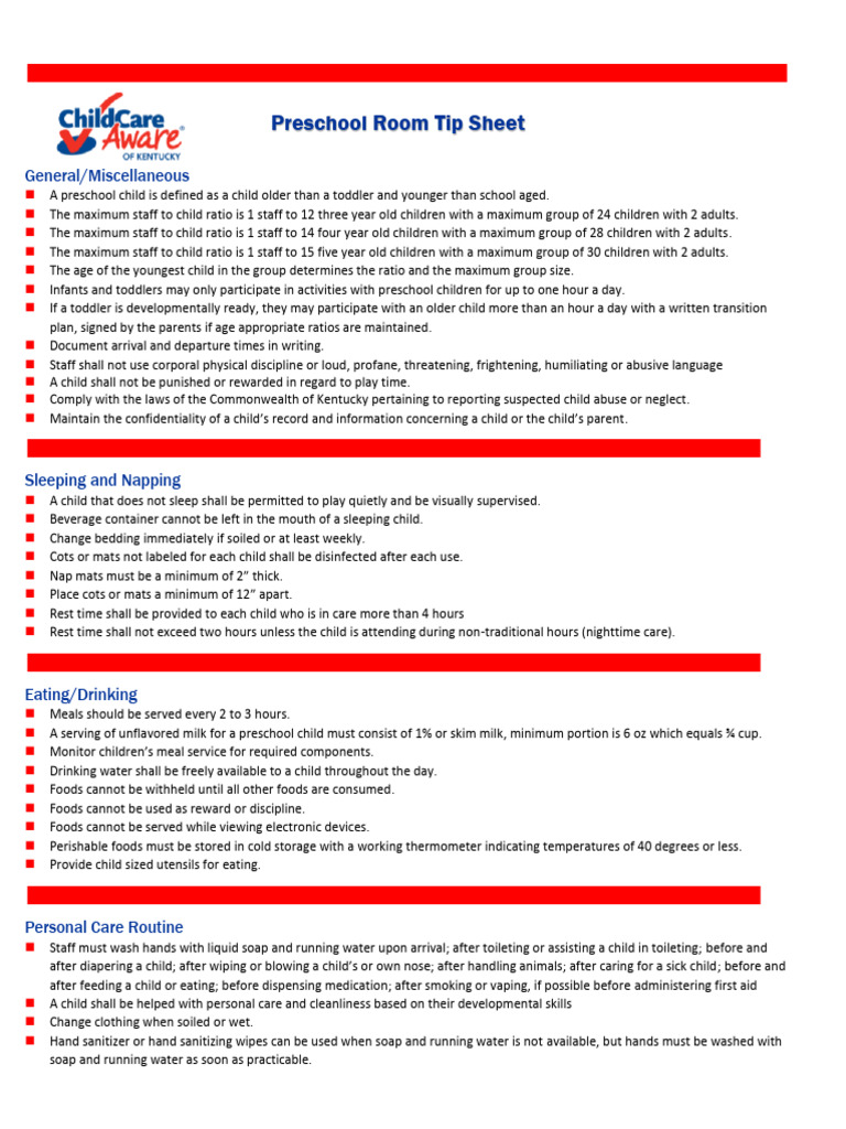 Preschool Room Tip Sheet | PDF | Water | Dishwasher