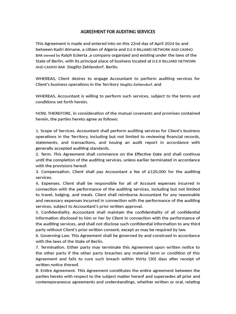 Agreement For Auditing Services | PDF | Business Law | Private Law