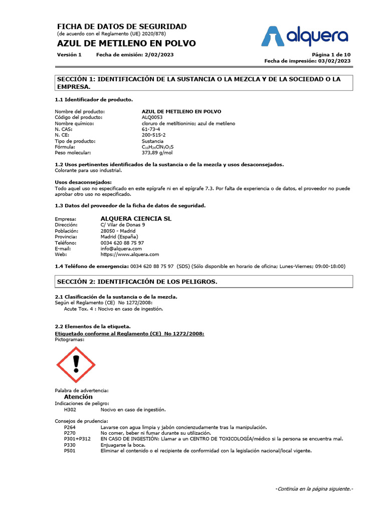 Azul de Metileno Msds Alquera | PDF | Compuesto orgánico volátil | Agua