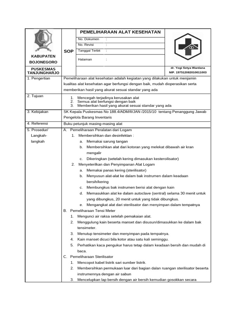 KOP SOP - Pemeliharaan Alkes | PDF | Sains & Matematika