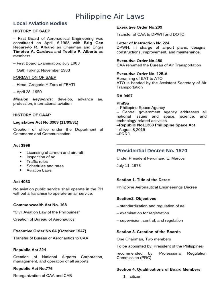 Philiipine Air Laws (PD 1570, RA 776, RA 9497) | PDF