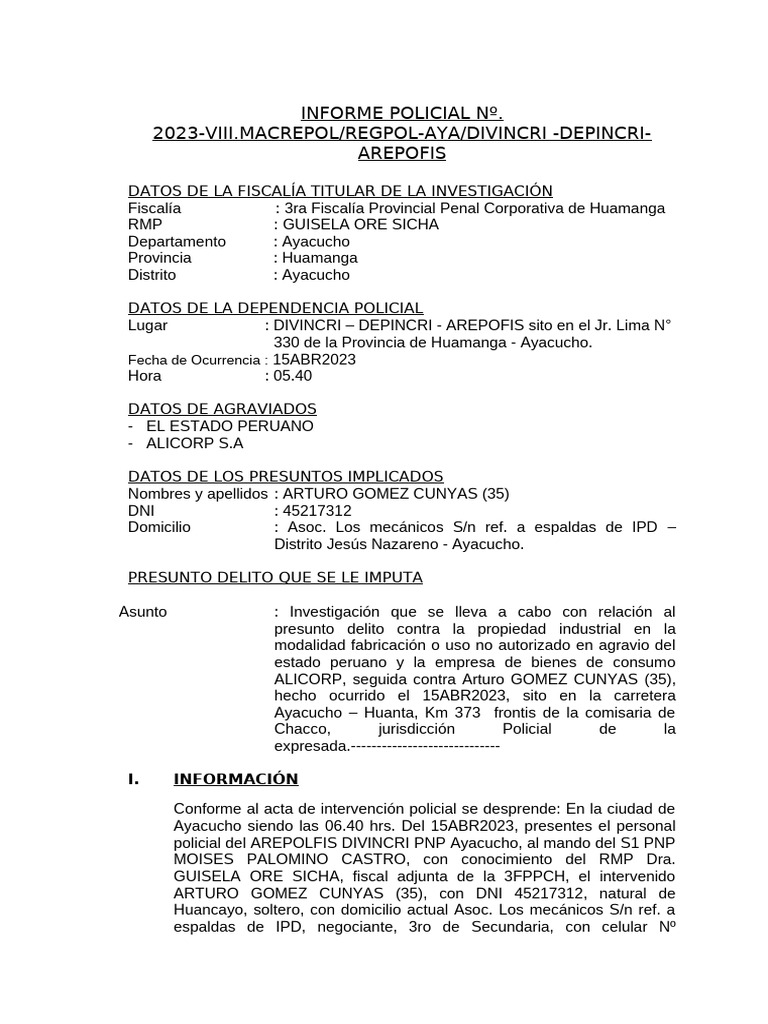 Informe Policial: Delito Industrial en Ayacucho | PDF | Jurisprudencia ...