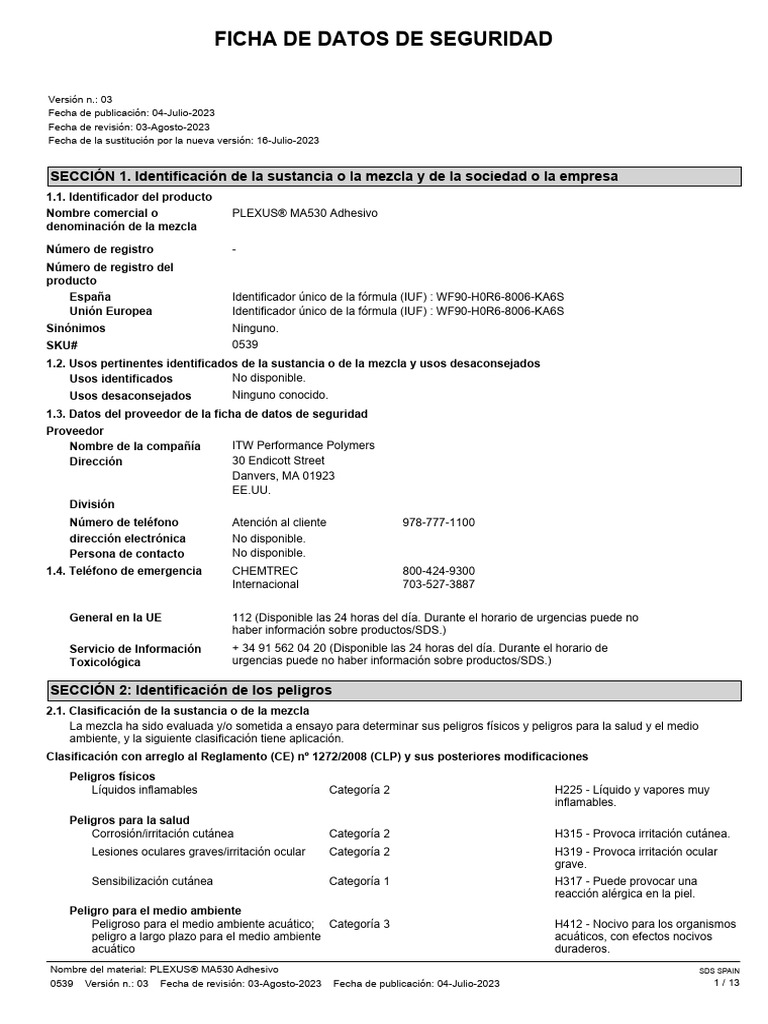 Adhesivo Plexus MA530 FDS (ES) | PDF | Residuos | Toxicidad