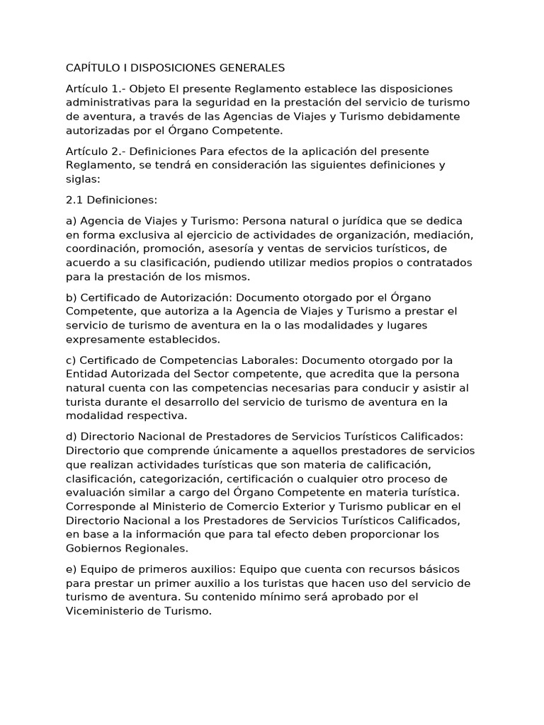 CAPÍTULO I DISPOSICIONES GENERALES Artículo 1 | PDF | Turismo