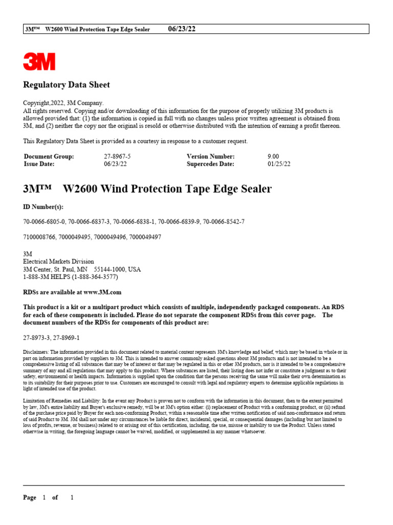Cartucho Sellante 3M W2600 MSDS (EN) | PDF | Technology & Engineering