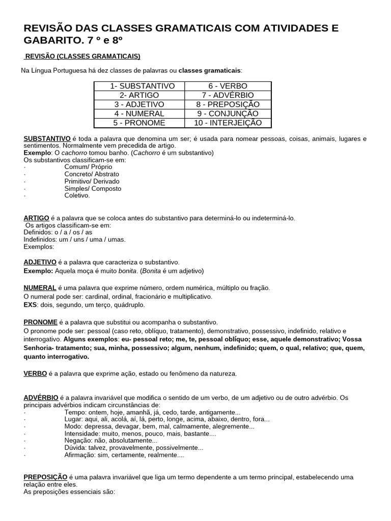 Revisão das Classes Gramaticais 7º e 8º | PDF | Classe gramatical | Pronome