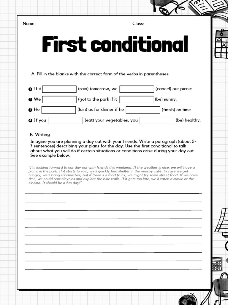 First Conditional Grammar Worksheet in Black and White Doodle Style ...