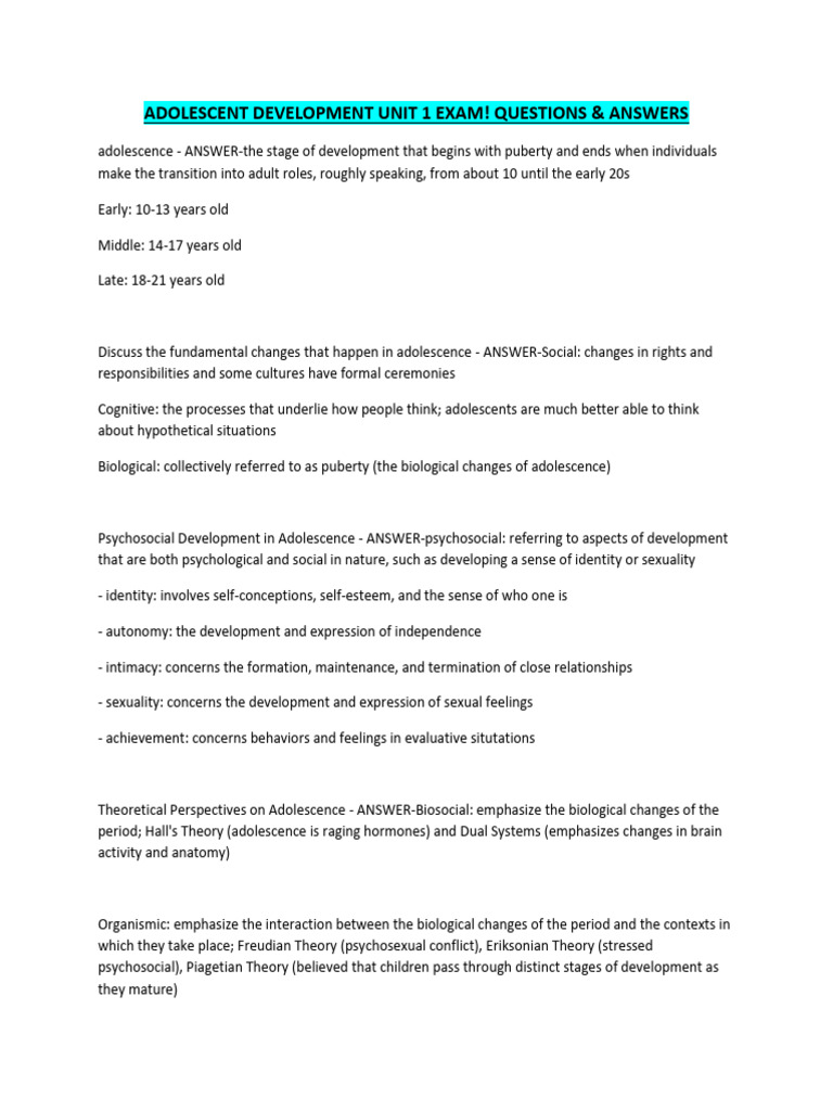 Adolescent Development Unit 1 Exam! Questions & Answers | PDF ...