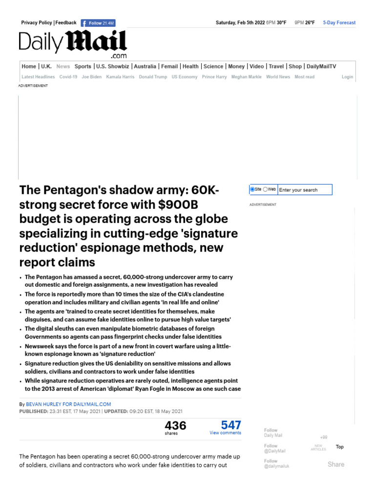 Pentagon Is in Charge of 60,000-Strong Secret Army of Undercover ...