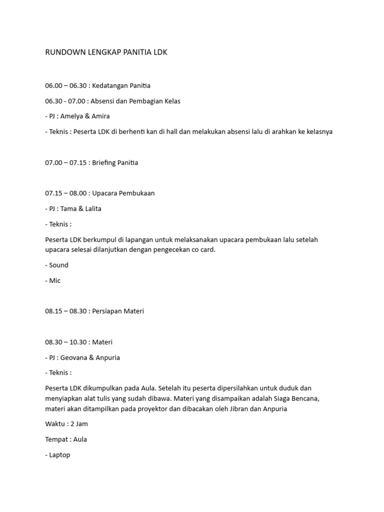 Rundown Lengkap LDK Panitia | PDF