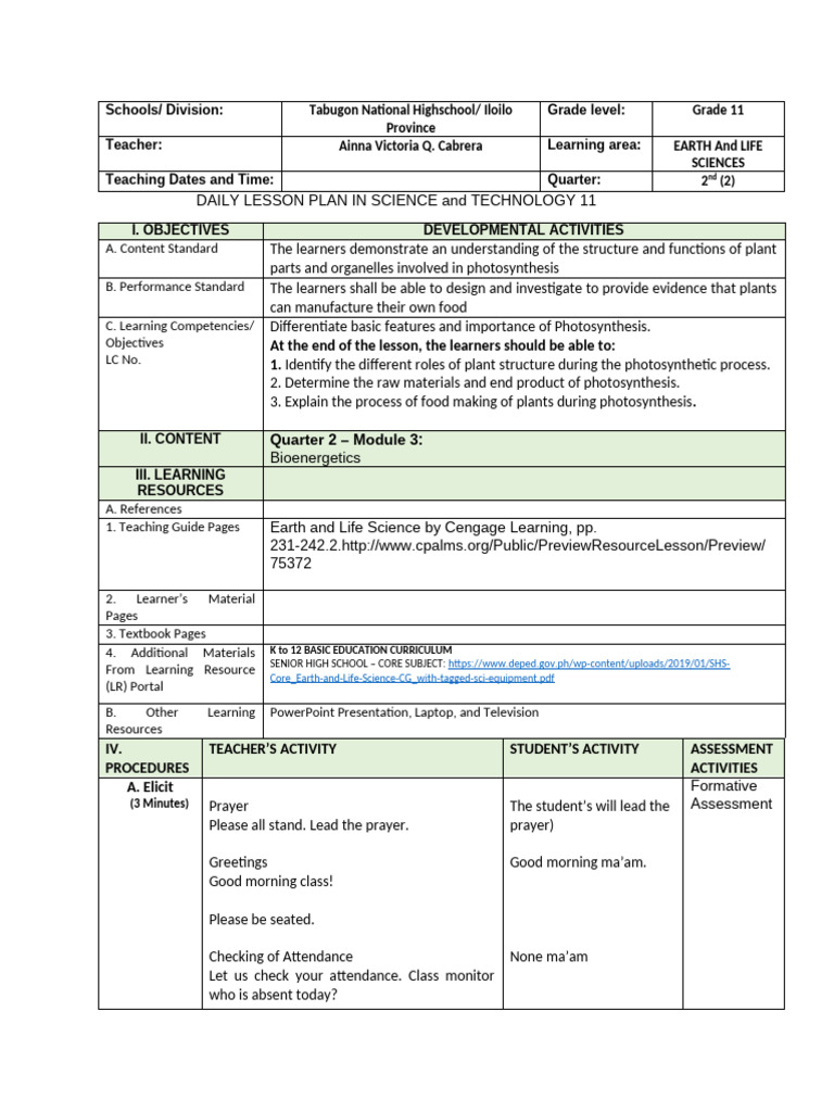 Grade 11 Photosynthesis Lesson Plan | PDF | Leaf | Photosynthesis