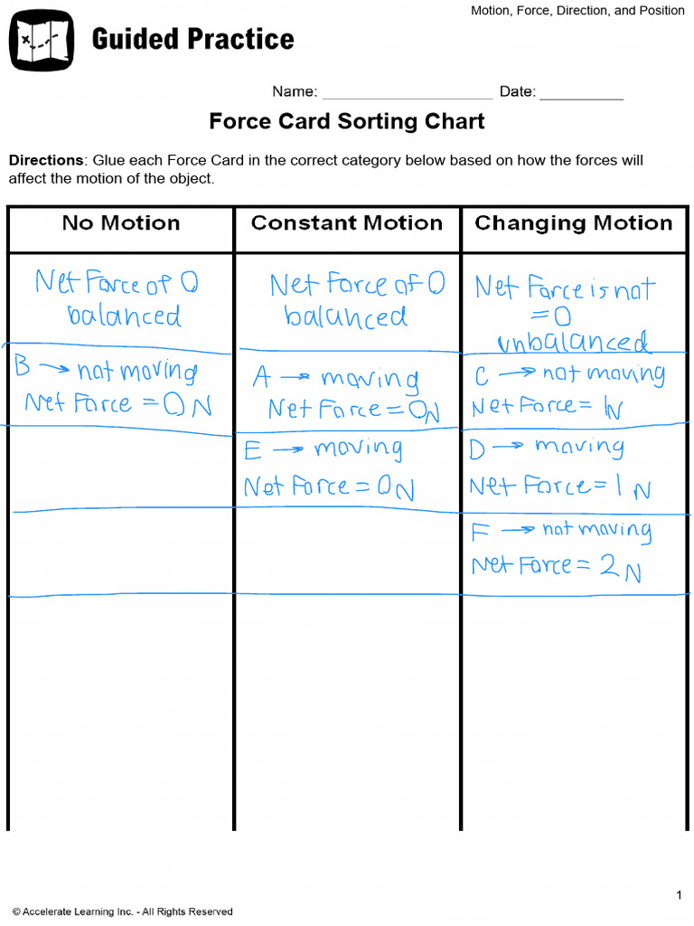 TN 8 MotionForceDirectionandPosition INTERVENTION GuidedPractice SortingChart | PDF