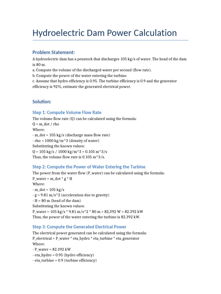 Hydroelectric Dam Power Calculation | PDF