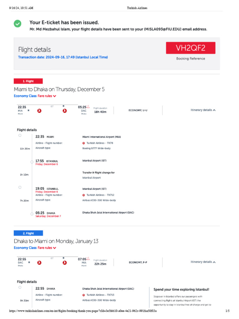 Turkish Airlines Booking Confirmation | PDF