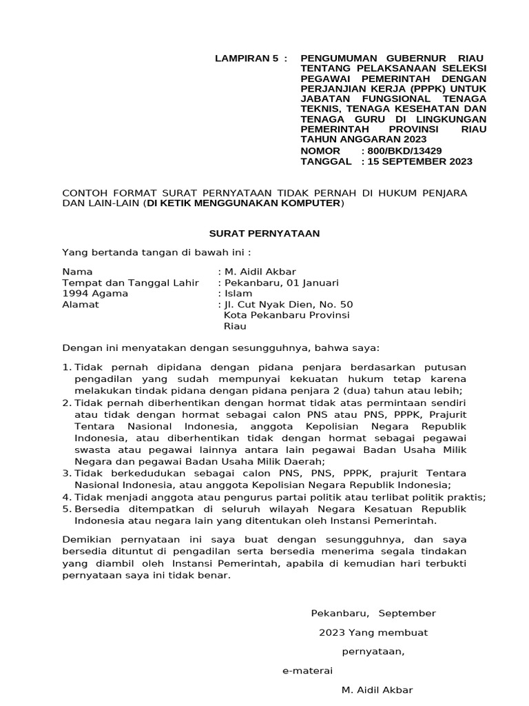 Lampiran 5. Format Surat Pernyataan | PDF