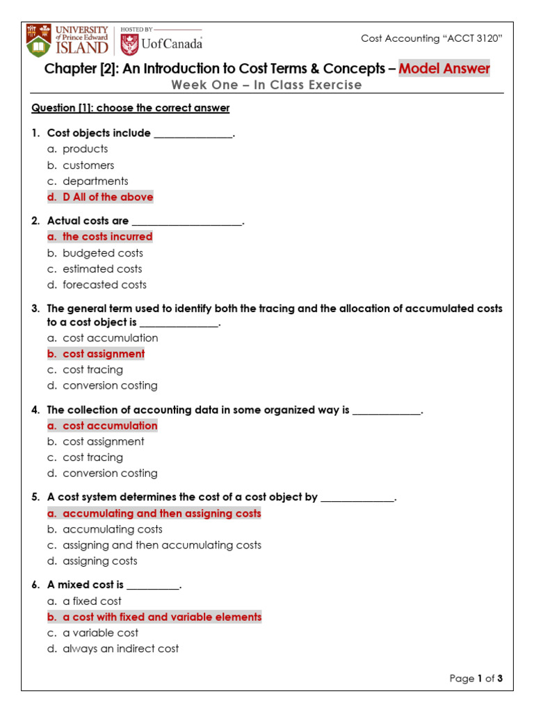 Chapter 2 - in Class Excercises Model Answer - FINAL | PDF | Cost Accounting | Cost