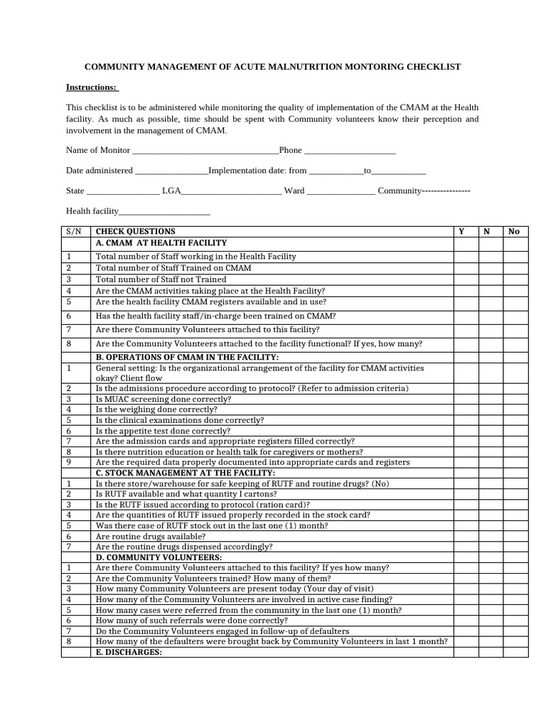 Cmam Monitoring Checklist | PDF | Health Care