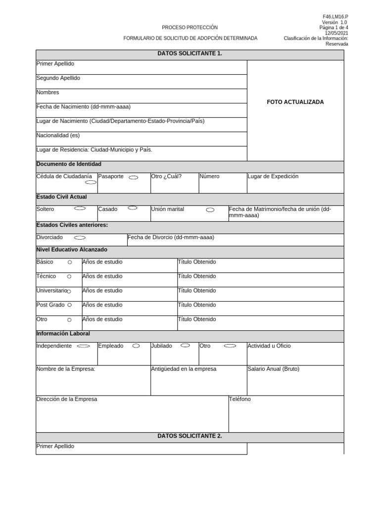 f46.lm16.p Formulario de Solicitud de Adopcion Determinada v1 | PDF | Documento de identidad ...