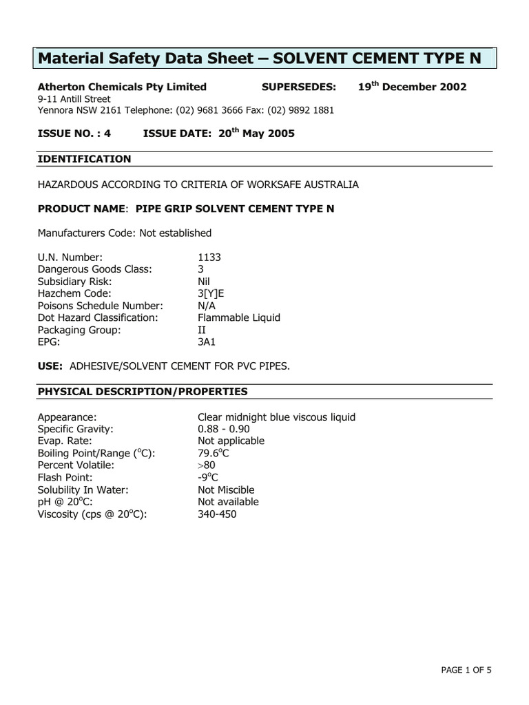 Pipe Grip Solvent Cement MSDS | PDF | Solvent | Aluminium