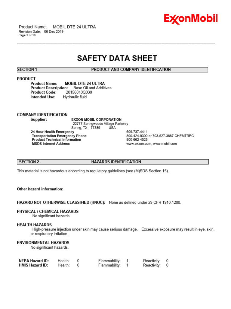 Mobil DTE 24 Ultra SDS | PDF | Firefighting | Waste Management