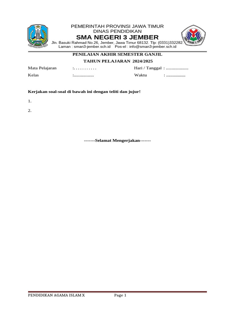 Format Soal Pas Ganjil 2425 - Mapel - Kelas | PDF