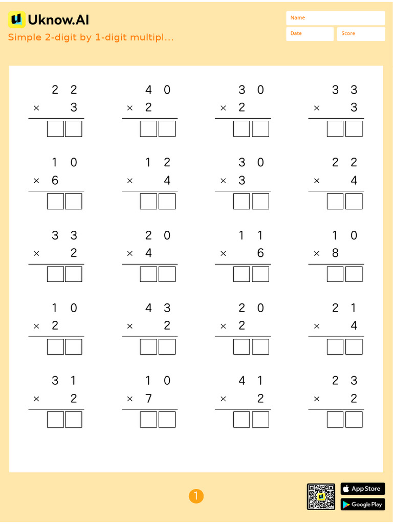 Simple 2-Digit by 1-Digit Multiplication (Vertical Format) | PDF