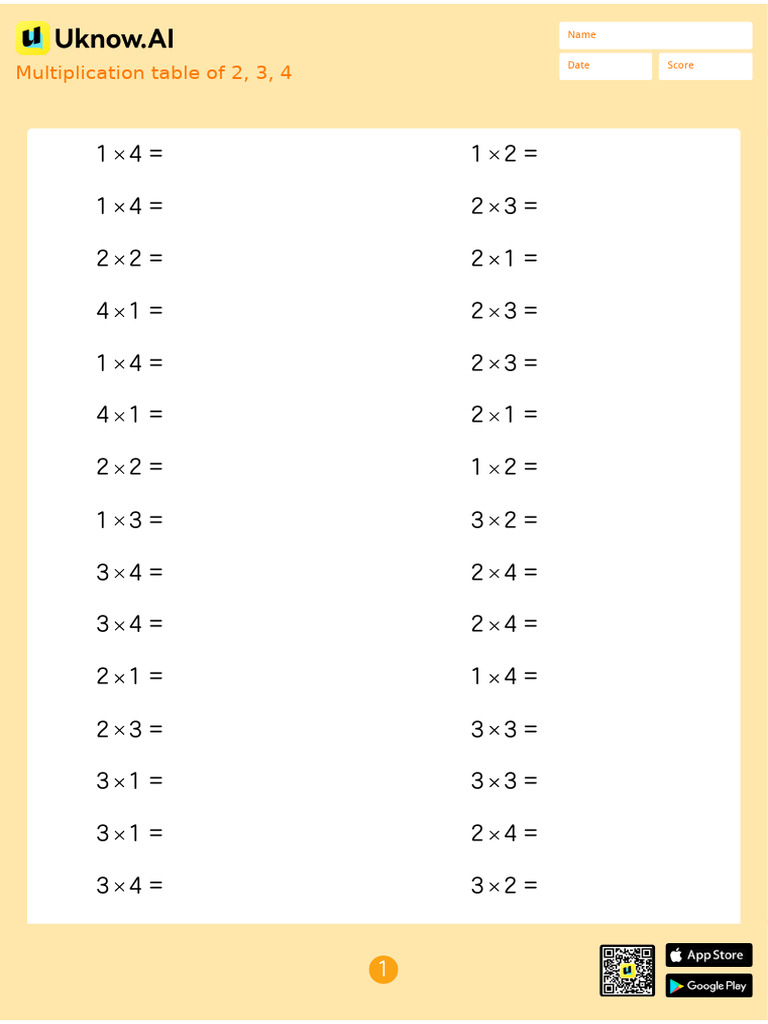 Multiplication Table of 2, 3, 4 (Horizontal Format) | PDF