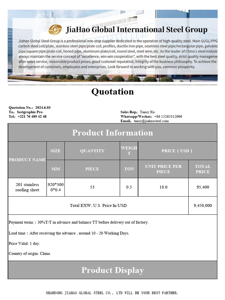 Quotation 201 stainless roofing sheet | PDF