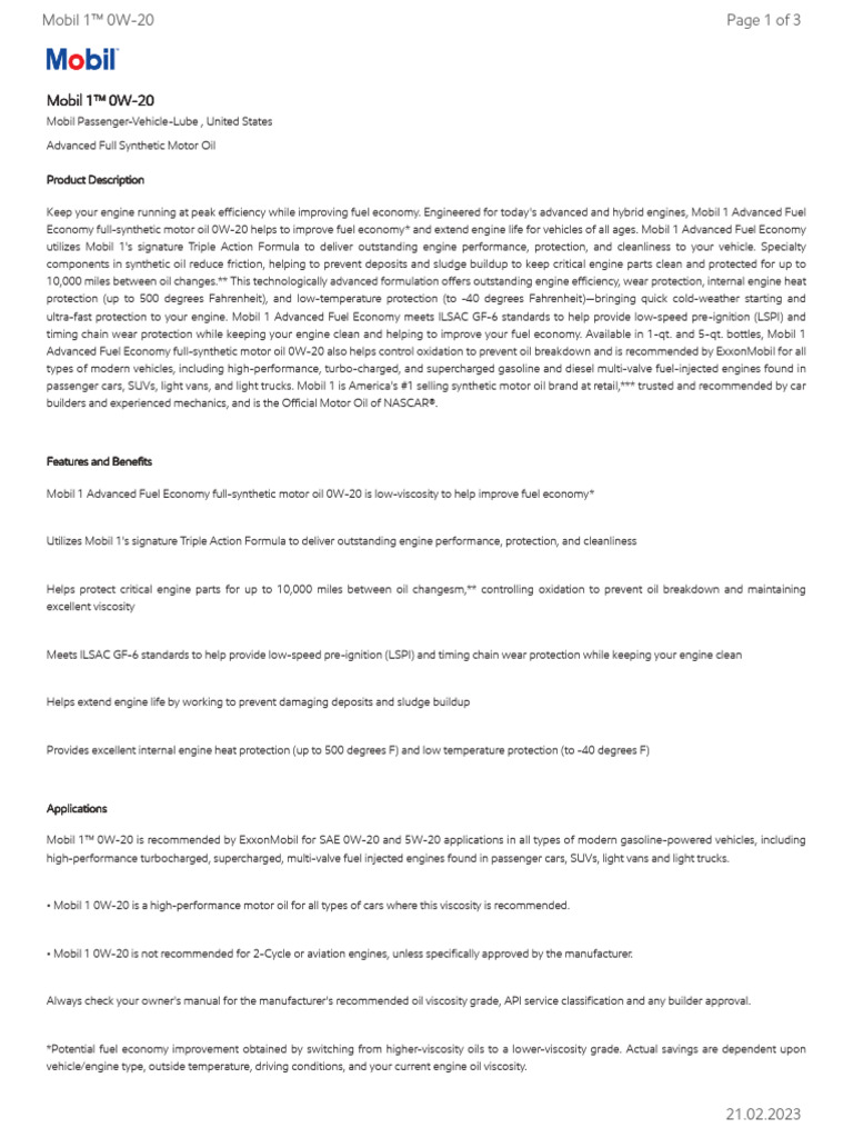 MOBIL1_0W-20_PDS | PDF | Motor Oil | Engines