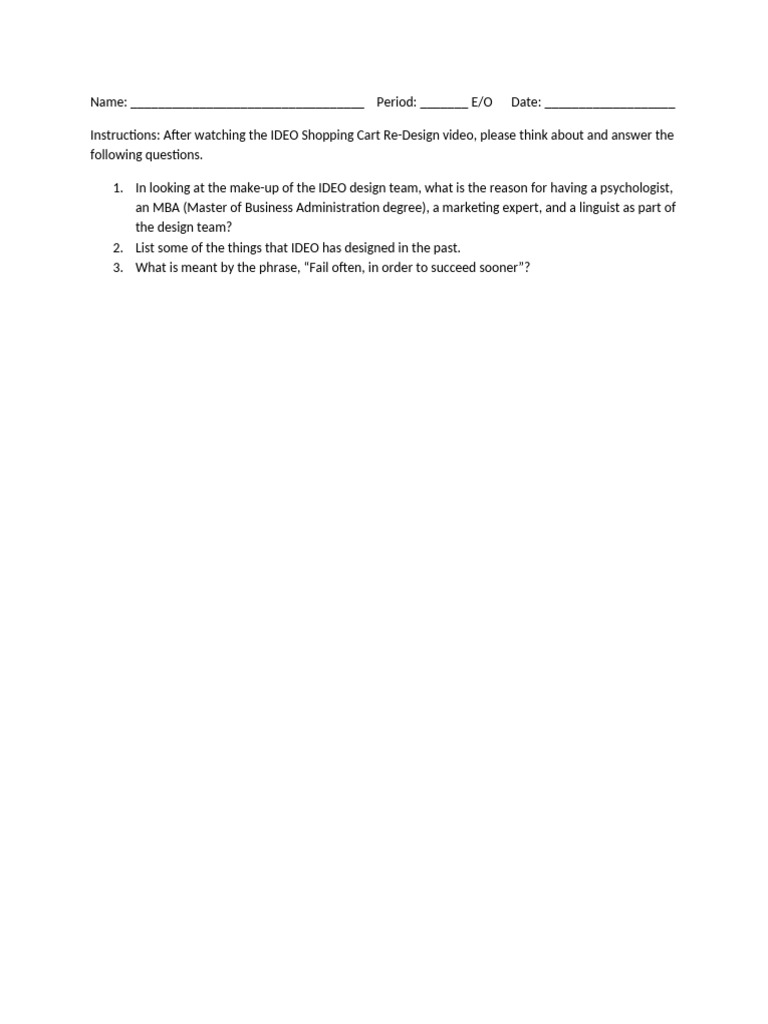 Donovan McDonough - IDEO Video Question Sheet | PDF | Business ...