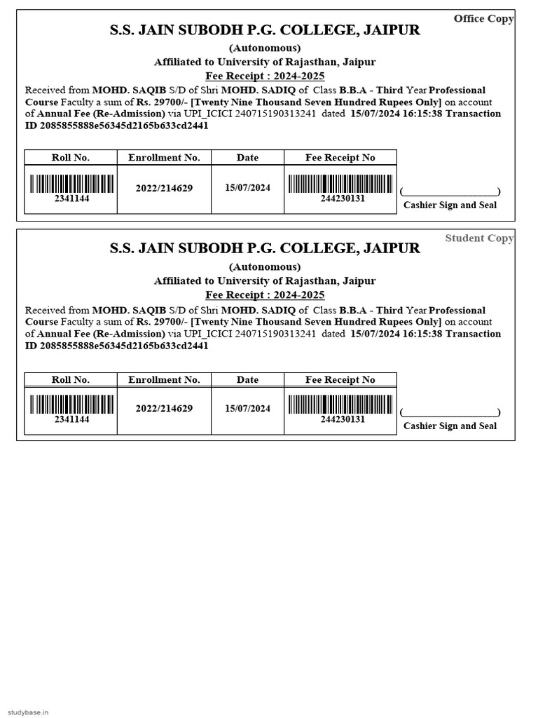 B.B.A Re-Admission Fee Receipt 2024 | PDF