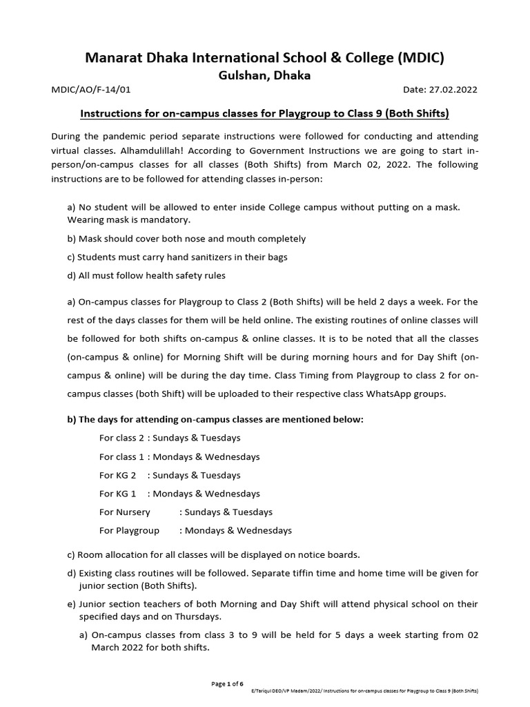 Instructions For On-Campus Classes For Playgroup To Class 9 (Both ...