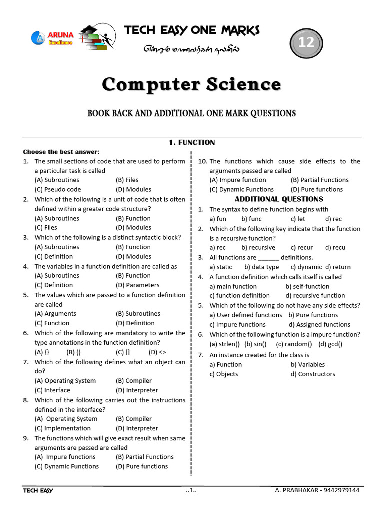 12CS EM OneMarks Without Answers | PDF | Scope (Computer Science) | Data Type