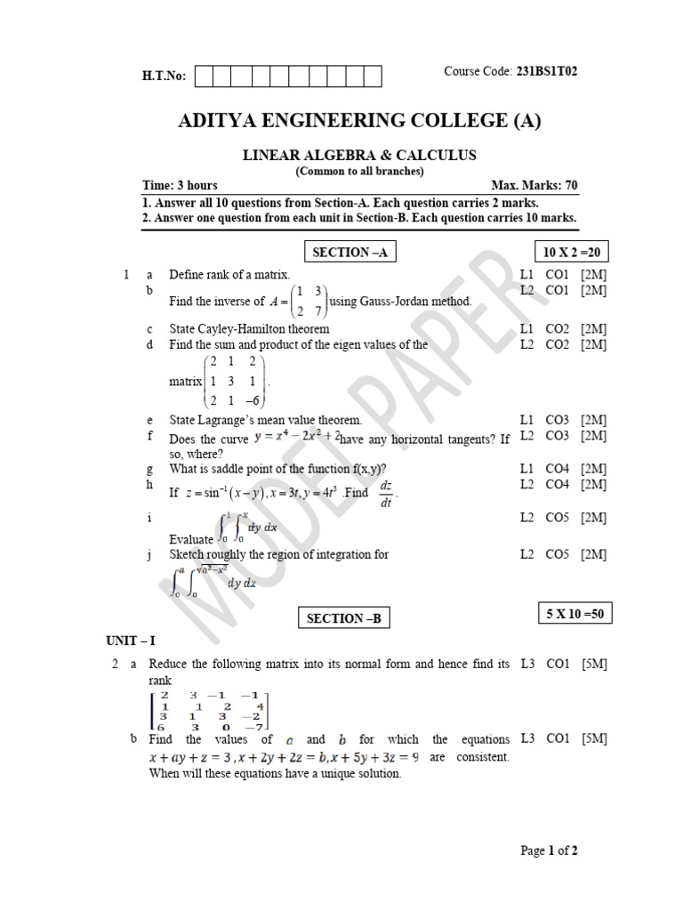 01 Linear Algbra and Calculus-Model Paper | PDF | Eigenvalues And ...