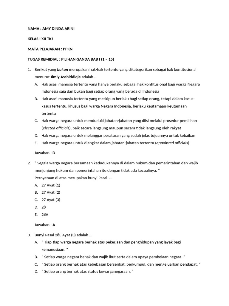 Remidial PPKN 30 Soal Pilgan Bab 1 & 2 | PDF | Politik | Ilmu Sosial