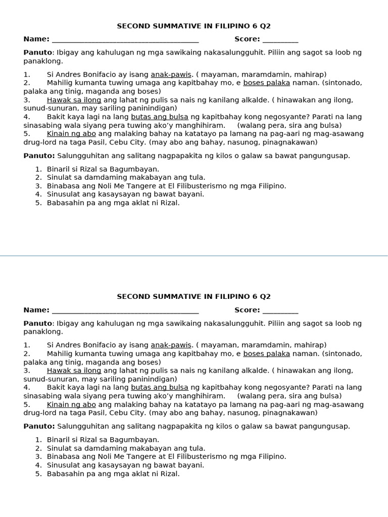 Second Summative in Filipino 6 Q2 | PDF