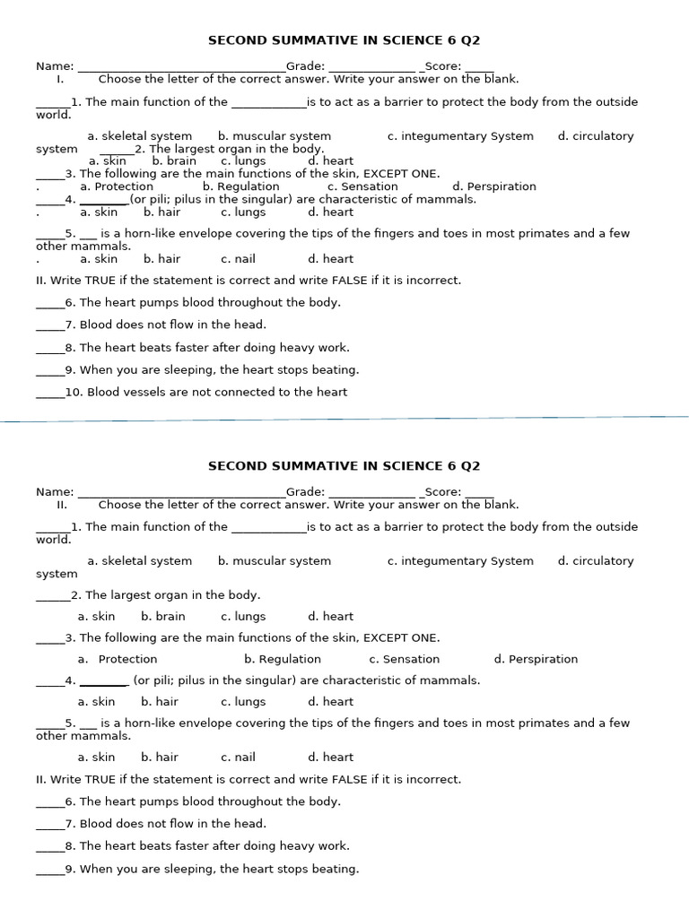 Science 6 Q2 Summative Assessment | PDF | Heart | Skin