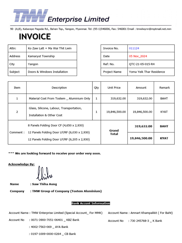Invoice for Doors & Windows Installation | PDF