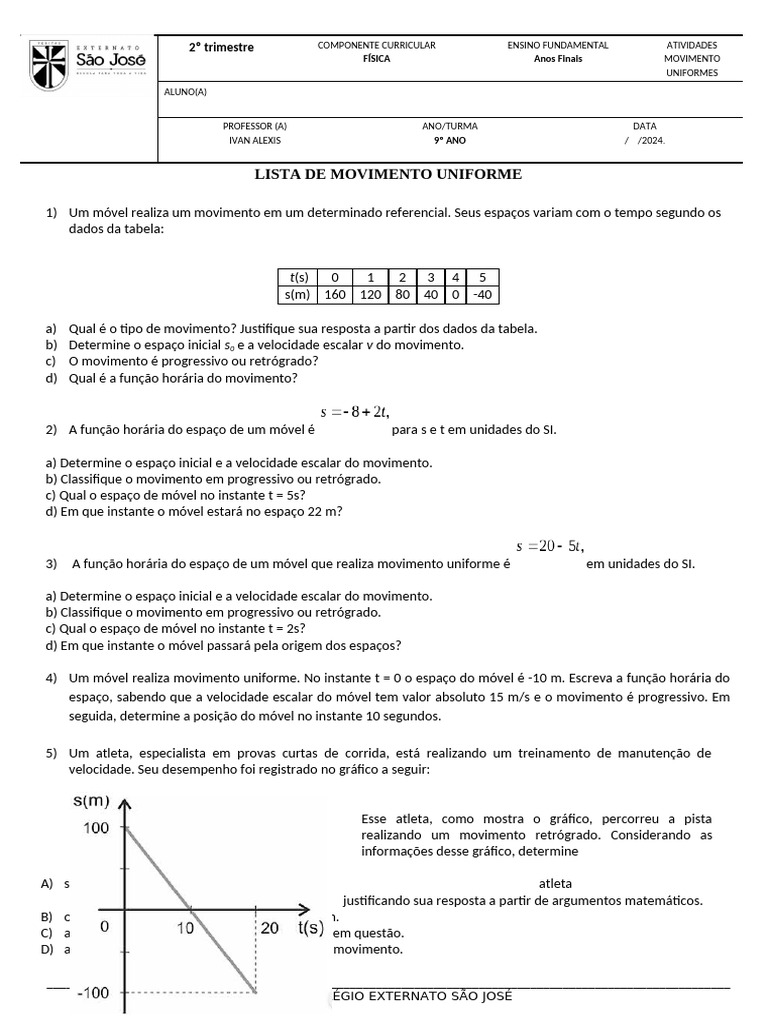 Lista de Movimento Uniforme | PDF | Velocidade | Avião