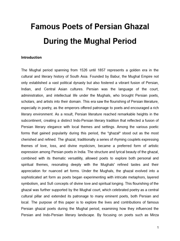 Famous Poets of Persian Ghazal - During The Mughal Period (Elective ...