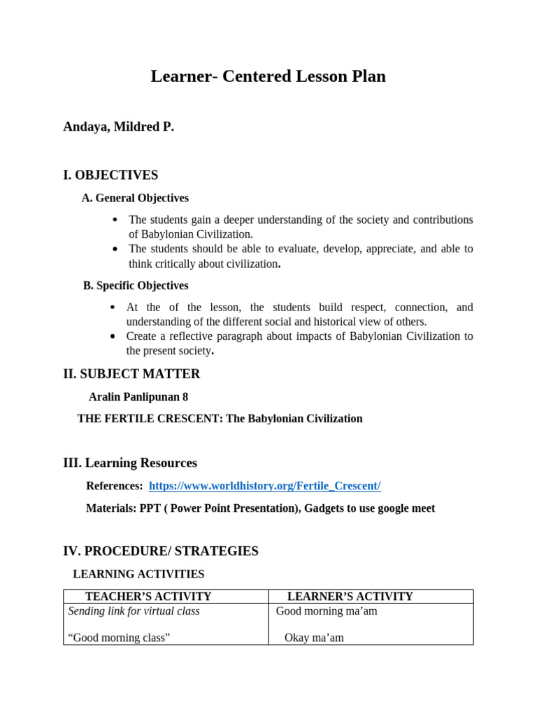 Learner-Centered Lesson Plan (Andaya) | PDF | Mesopotamia | Babylonia